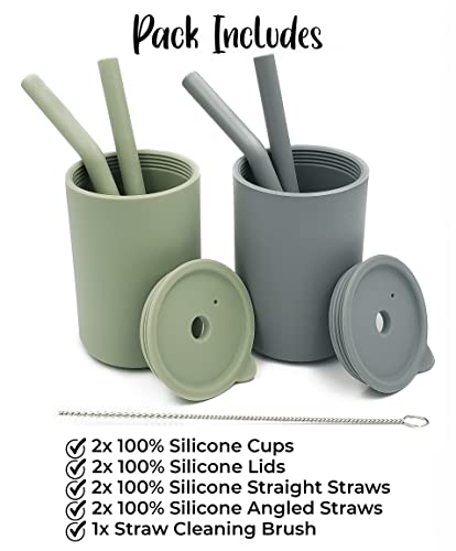 Cascade Kids Silicone Kids Cups with Straws and Lids, (2 Pack),100% Food Grade Silicone,Non Plastic, BPA-Free, Unbreakable, Smell Proof, for Kids and Toddlers 6+ Months, 6oz, (Sage Green, Stone Grey)