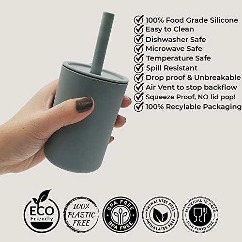 Cascade Kids Silicone Kids Cups with Straws and Lids, (2 Pack),100% Food Grade Silicone,Non Plastic, BPA-Free, Unbreakable, Smell Proof, for Kids and Toddlers 6+ Months, 6oz, (Sage Green, Stone Grey)