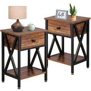 vecelo end tables set of 2, modern nightstands with drawer& shelf, night stand for bedroom living room,industrial metal frame, 2 pack, vintage brown