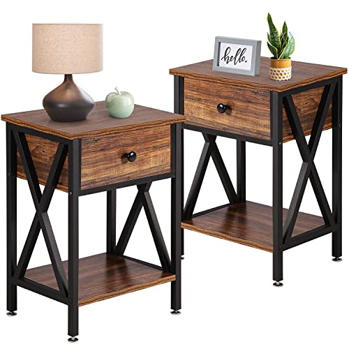 VECELO End Tables Set of 2, Modern Nightstands with Drawer& Shelf, Night Stand for Bedroom Living Room,Industrial Metal Frame, 2 Pack, Vintage Brown