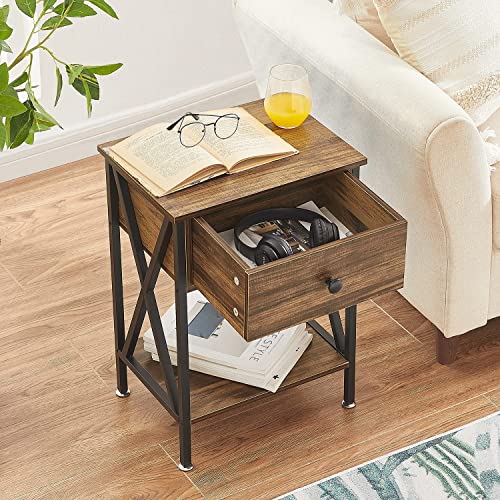 VECELO End Tables Set of 2, Modern Nightstands with Drawer& Shelf, Night Stand for Bedroom Living Room,Industrial Metal Frame, 2 Pack, Vintage Brown