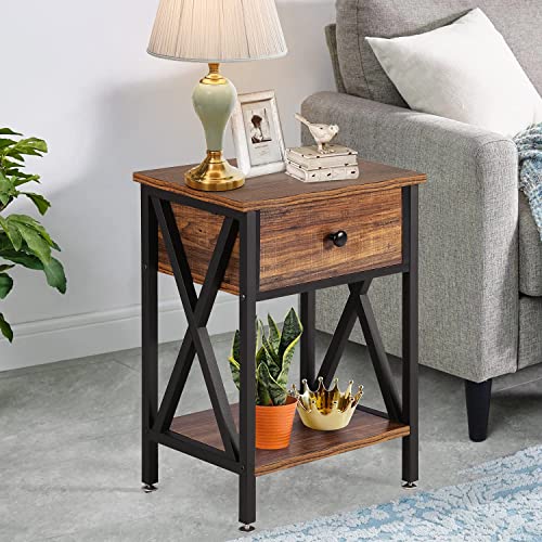 VECELO End Tables Set of 2, Modern Nightstands with Drawer& Shelf, Night Stand for Bedroom Living Room,Industrial Metal Frame, 2 Pack, Vintage Brown