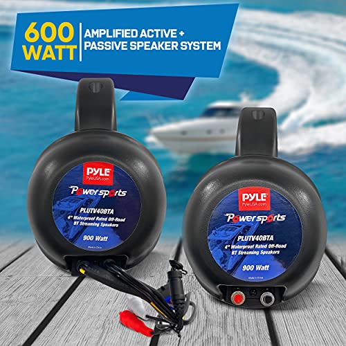 Pyle 2-Way Waterproof Bluetooth Off-Road Speakers - 4 inch 900W Active Passive Marine Grade Wakeboard Tower Speakers System w/AUX, Full Range Outdoor Stereo Speaker for ATV/UTV Jeep Boat PLUTV40BTA