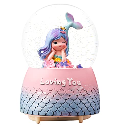 Mermaid Snow Globes for Kids,100MM Musical Snow Globes with LED Lights,Christmas Birthday Gift for Girls Age 8 9 10 11 12