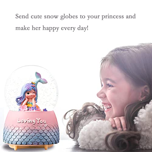 Mermaid Snow Globes for Kids,100MM Musical Snow Globes with LED Lights,Christmas Birthday Gift for Girls Age 8 9 10 11 12