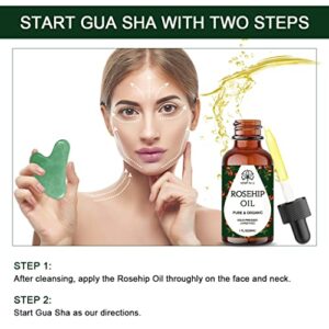 Gua Sha Massage Tools & Rosehip Oil in One Set, Nature Jade Stone Facial Gua sha Products for Skin Massage, Beauty and Moisturizing - with Nice Travel Pouch