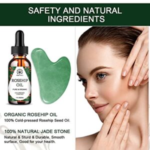 Gua Sha Massage Tools & Rosehip Oil in One Set, Nature Jade Stone Facial Gua sha Products for Skin Massage, Beauty and Moisturizing - with Nice Travel Pouch