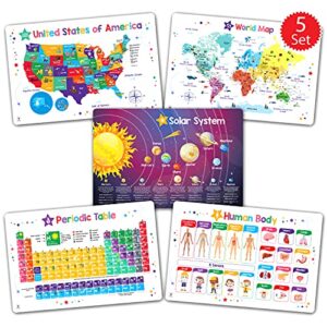 simply magic discovery set of 5 educational placemats for kids - kids placemats non slip for dining table, wipeable reusable plastic placemats for kids: usa, world map, periodic table, solar system