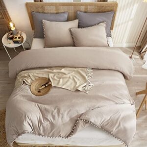 LIFETOWN Pom Pom Duvet Cover Queen Size, Boho Bohemian Farmhouse Microfiber Duvet Cover Set 3 Pieces, 1 Solid Taupe Duvet Cover, 2 Pillowcases, Beathable and Lightweight