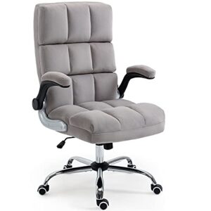 avawing velvet office chair w/wheels, executive computer desk chair w/adjustable tilt angle and flip-up arms, high-back ergonomic padding chair, grey