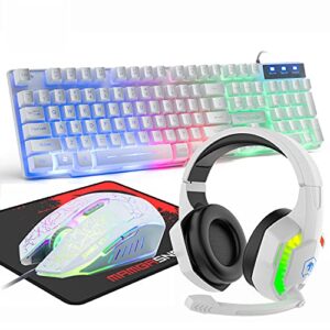 wired gaming keyboard and mouse headset combo,rainbow led backlit wired keyboard,over ear headphone with mic,rainbow backlit gaming mice,mouse pad,for pc,laptop,mac,ps4,xbox(white)