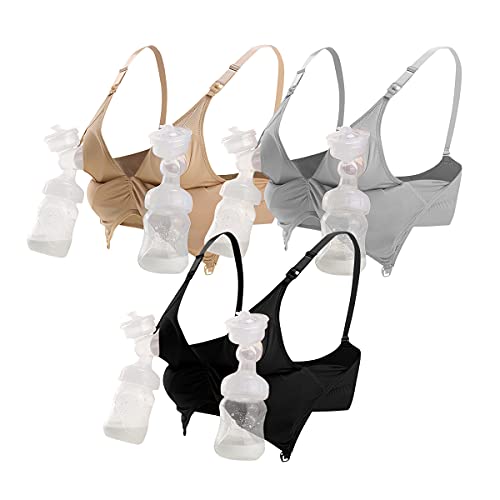 iloveSIA 3PACK Nursing & Pumping Bra All in One Hands Free Pumping Bra Black+Gray+Beige Size L