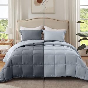 homelike moment lightweight comforter set, reversible all season down alternative bed comforter set summer 3 piece - 1 comforter 2 shams, oversized queen dark gray/light grey