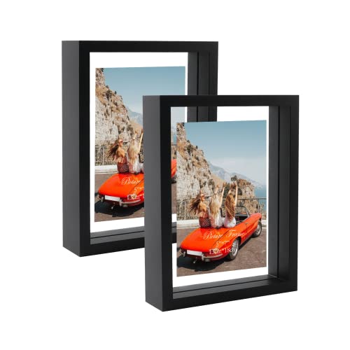 N/A+ Trwcrt 2 Pack 5x7 Floating Picture Frame, Double Glass Picture Frames Display up to 7 x 9 photos for Desktop or Wall Hanging, Black