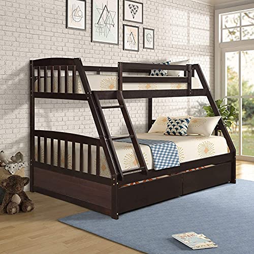 STP-Y Bunk Bed, Bunk Bed Junior Similitude Twin-Over-Full Bed Solid Wood with Two Storage Drawers Similitude Bunk Bed Heavy Duty Bed with Ladder and Guard Rail Space-Saving Design Detachable Low Bed