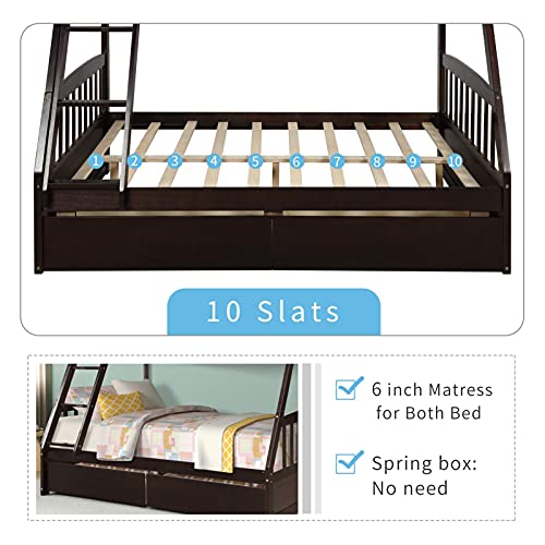 STP-Y Bunk Bed, Bunk Bed Junior Similitude Twin-Over-Full Bed Solid Wood with Two Storage Drawers Similitude Bunk Bed Heavy Duty Bed with Ladder and Guard Rail Space-Saving Design Detachable Low Bed