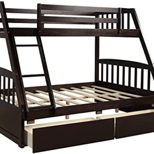 STP-Y Bunk Bed, Bunk Bed Junior Similitude Twin-Over-Full Bed Solid Wood with Two Storage Drawers Similitude Bunk Bed Heavy Duty Bed with Ladder and Guard Rail Space-Saving Design Detachable Low Bed