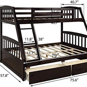 STP-Y Bunk Bed, Bunk Bed Junior Similitude Twin-Over-Full Bed Solid Wood with Two Storage Drawers Similitude Bunk Bed Heavy Duty Bed with Ladder and Guard Rail Space-Saving Design Detachable Low Bed