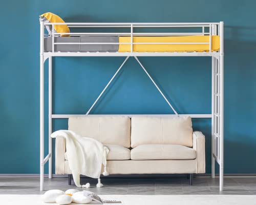 VINGLI Twin Loft Bed with Guard Rail Flat Ladder Rung, Metal Loft Bunk Bed Frame for Kids and Young Teens, No Box Spring Required, White