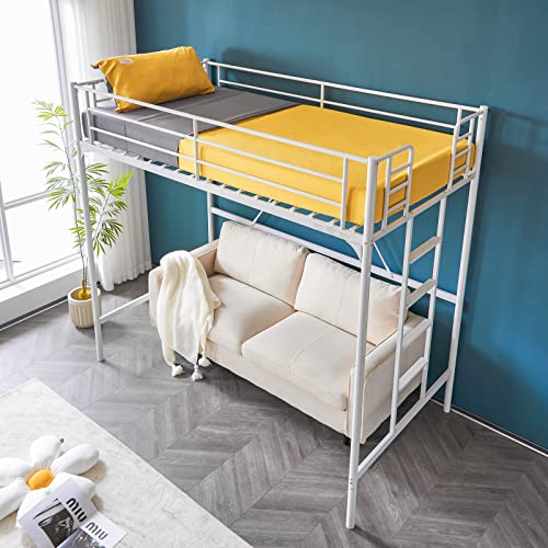 VINGLI Twin Loft Bed with Guard Rail Flat Ladder Rung, Metal Loft Bunk Bed Frame for Kids and Young Teens, No Box Spring Required, White