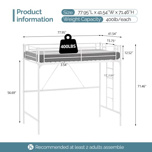 VINGLI Twin Loft Bed with Guard Rail Flat Ladder Rung, Metal Loft Bunk Bed Frame for Kids and Young Teens, No Box Spring Required, White