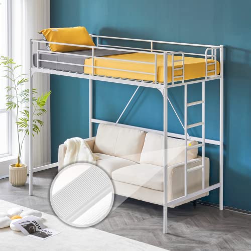 VINGLI Twin Loft Bed with Guard Rail Flat Ladder Rung, Metal Loft Bunk Bed Frame for Kids and Young Teens, No Box Spring Required, White