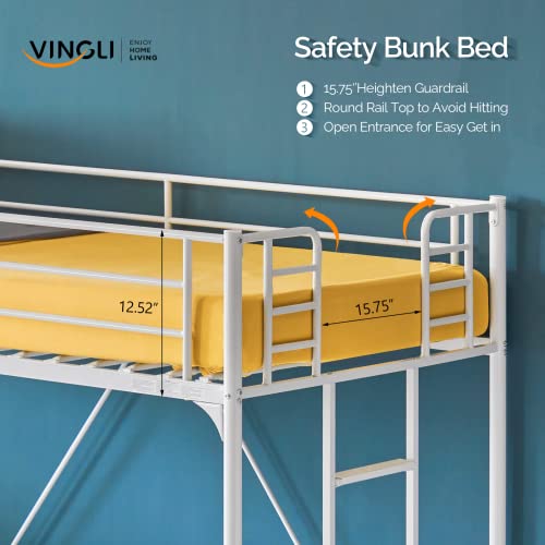 VINGLI Twin Loft Bed with Guard Rail Flat Ladder Rung, Metal Loft Bunk Bed Frame for Kids and Young Teens, No Box Spring Required, White