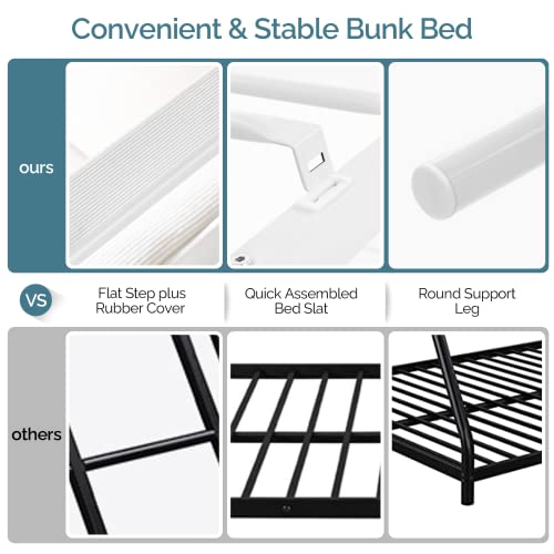 VINGLI Twin Loft Bed with Guard Rail Flat Ladder Rung, Metal Loft Bunk Bed Frame for Kids and Young Teens, No Box Spring Required, White