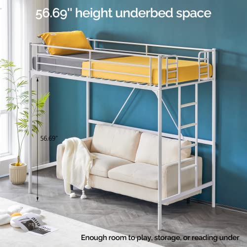 VINGLI Twin Loft Bed with Guard Rail Flat Ladder Rung, Metal Loft Bunk Bed Frame for Kids and Young Teens, No Box Spring Required, White