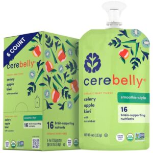 cerebelly celery apple kiwi smoothie (pack of 6) - healthy kids snacks - baby food pouch with 16 vital nutrients and brain support from superfoods - organic fruit & veggie purees, baby fruit squeeze pouches for kids, no added sugar