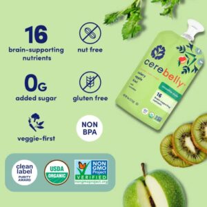 Cerebelly Celery Apple Kiwi Smoothie (Pack of 6) - Healthy Kids Snacks - Baby Food Pouch with 16 Vital Nutrients and Brain Support from Superfoods - Organic Fruit & Veggie Purees, Baby Fruit Squeeze Pouches for Kids, No Added Sugar