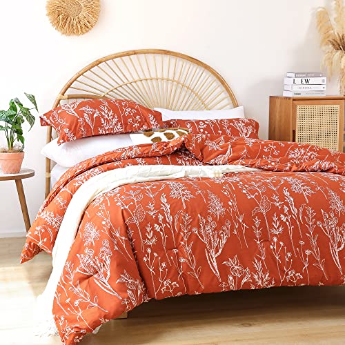 JANZAA Duvet Cover Queen Terracotta 3 Pieces Boho Duvet Cover with White Botanical Patterns Soft Floral Bed Cover with Zipper Closure 4 Ties (2 Pillow Cases)