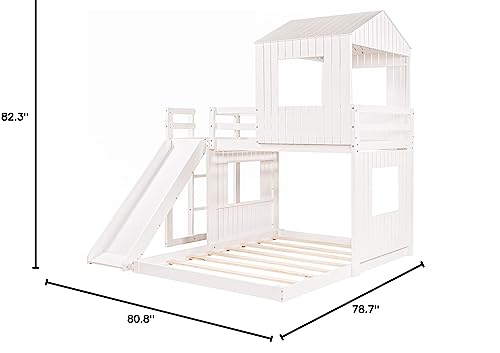 Merax House Shaped Solid Wood Bunk Bed with Roof, Window, Guardrail and Ladder for Kids, Teens, Girl or Boys