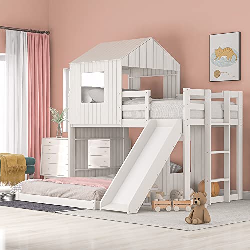 Merax House Shaped Solid Wood Bunk Bed with Roof, Window, Guardrail and Ladder for Kids, Teens, Girl or Boys