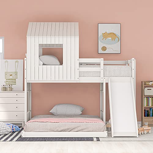 Merax House Shaped Solid Wood Bunk Bed with Roof, Window, Guardrail and Ladder for Kids, Teens, Girl or Boys