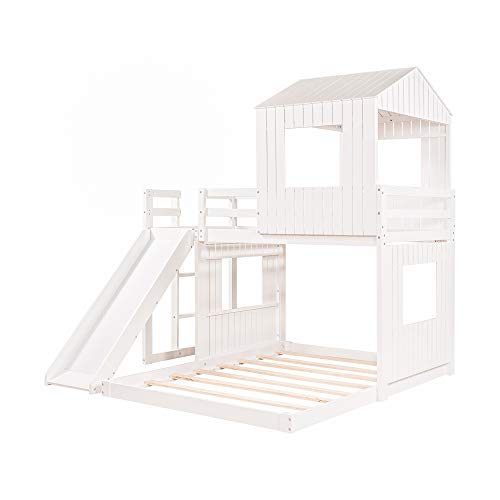 Merax House Shaped Solid Wood Bunk Bed with Roof, Window, Guardrail and Ladder for Kids, Teens, Girl or Boys