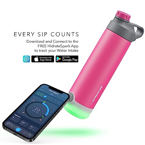 Hidrate Spark TAP Smart Water Bottle – Insulated Stainless Steel – Tap Phone to Track Water Intake, LED Glow Reminder When You Need to Drink – Chug Lid, 20 oz, Fruit Punch