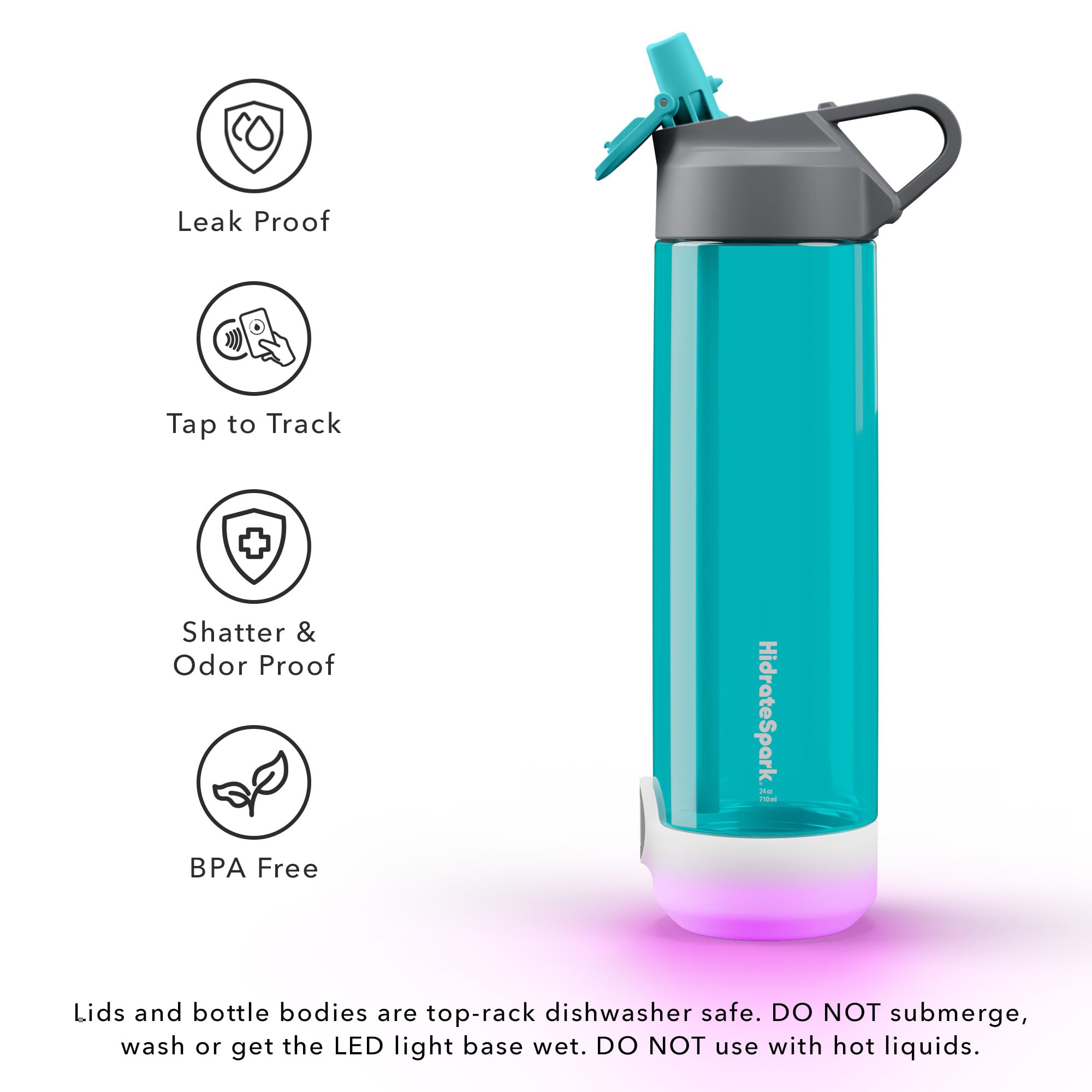 Hidrate Spark TAP Smart Water Bottle – Tritan Plastic – Tap Phone to Track Water Intake, LED Glow Reminder When You Need to Drink – Straw Lid, 24 oz, Scuba