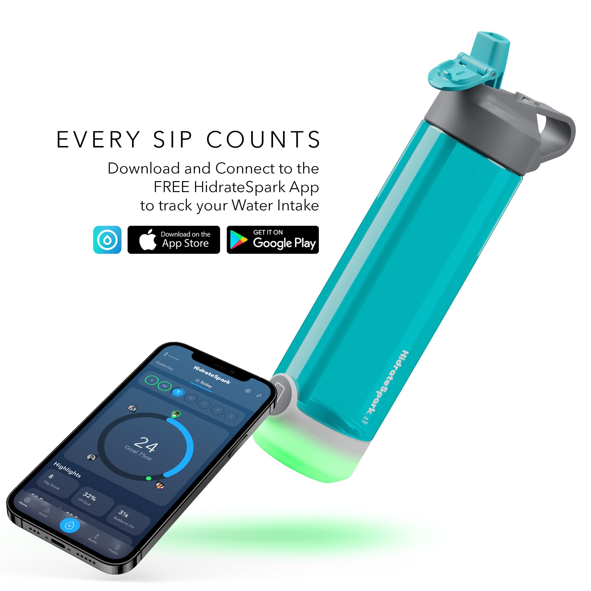 Hidrate Spark TAP Smart Water Bottle – Tritan Plastic – Tap Phone to Track Water Intake, LED Glow Reminder When You Need to Drink – Straw Lid, 24 oz, Scuba