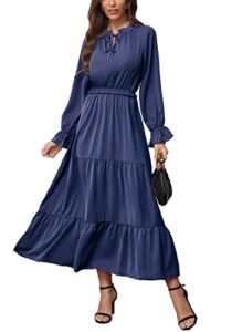 kirundo women's 2023 fall long sleeve tie crew neck maxi dress casual empire waist boho ruffle flowy long dresses(navy, x-large)