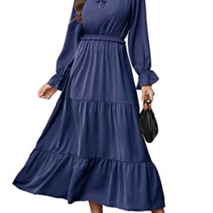 KIRUNDO Women's 2023 Fall Long Sleeve Tie Crew Neck Maxi Dress Casual Empire Waist Boho Ruffle Flowy Long Dresses(Navy, X-Large)