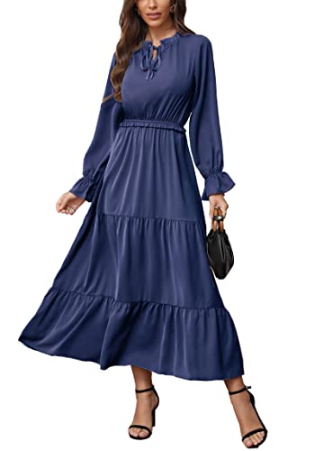 KIRUNDO Women's 2023 Fall Long Sleeve Tie Crew Neck Maxi Dress Casual Empire Waist Boho Ruffle Flowy Long Dresses(Navy, X-Large)