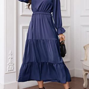 KIRUNDO Women's 2023 Fall Long Sleeve Tie Crew Neck Maxi Dress Casual Empire Waist Boho Ruffle Flowy Long Dresses(Navy, X-Large)