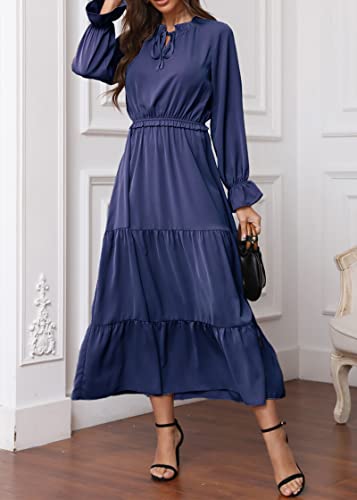 KIRUNDO Women's 2023 Fall Long Sleeve Tie Crew Neck Maxi Dress Casual Empire Waist Boho Ruffle Flowy Long Dresses(Navy, X-Large)