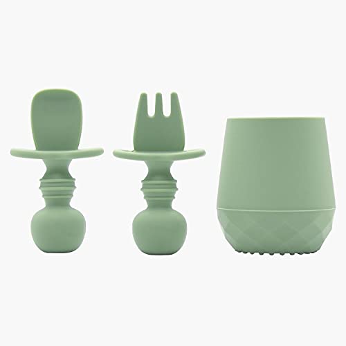 Tooshka Silicone Baby Utensils & Tiny Cup - Bpa Free - Baby Led Weaning - Baby Spoon, Fork & Training Cup for 6 Months+ Anti-Choke Baby Feeding Supplies (Sage)