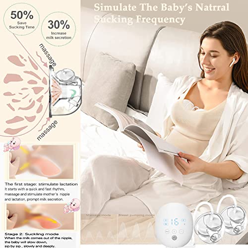 OPATER Wearable Breast Pump Hands Free Portable Electric Breast Pump with Massage Mode Wear Breast Pump with 16 Levels 4 Modes Suction Breastfeeding Pump,24mm