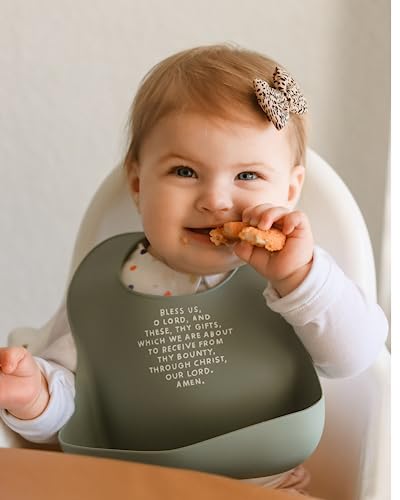 Be A Heart Silicone Bibs for Babies & Toddlers, Meal Blessing Prayer Bib, Baby Baptism Gift (Sage)