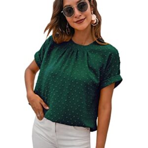 Milumia Women's Casual Swiss Dots Chiffon Ruffle Front Short Sleeve Work Office Blouse Top Green Large