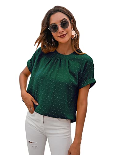 Milumia Women's Casual Swiss Dots Chiffon Ruffle Front Short Sleeve Work Office Blouse Top Green Large