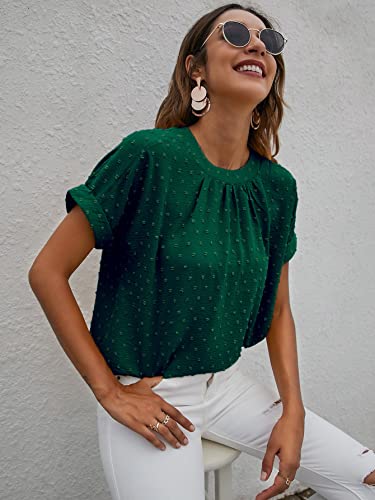 Milumia Women's Casual Swiss Dots Chiffon Ruffle Front Short Sleeve Work Office Blouse Top Green Large